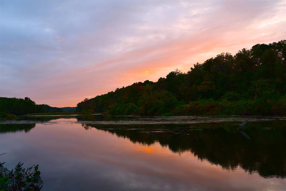Purple pink Sunset Sky over calm river and forest free image download