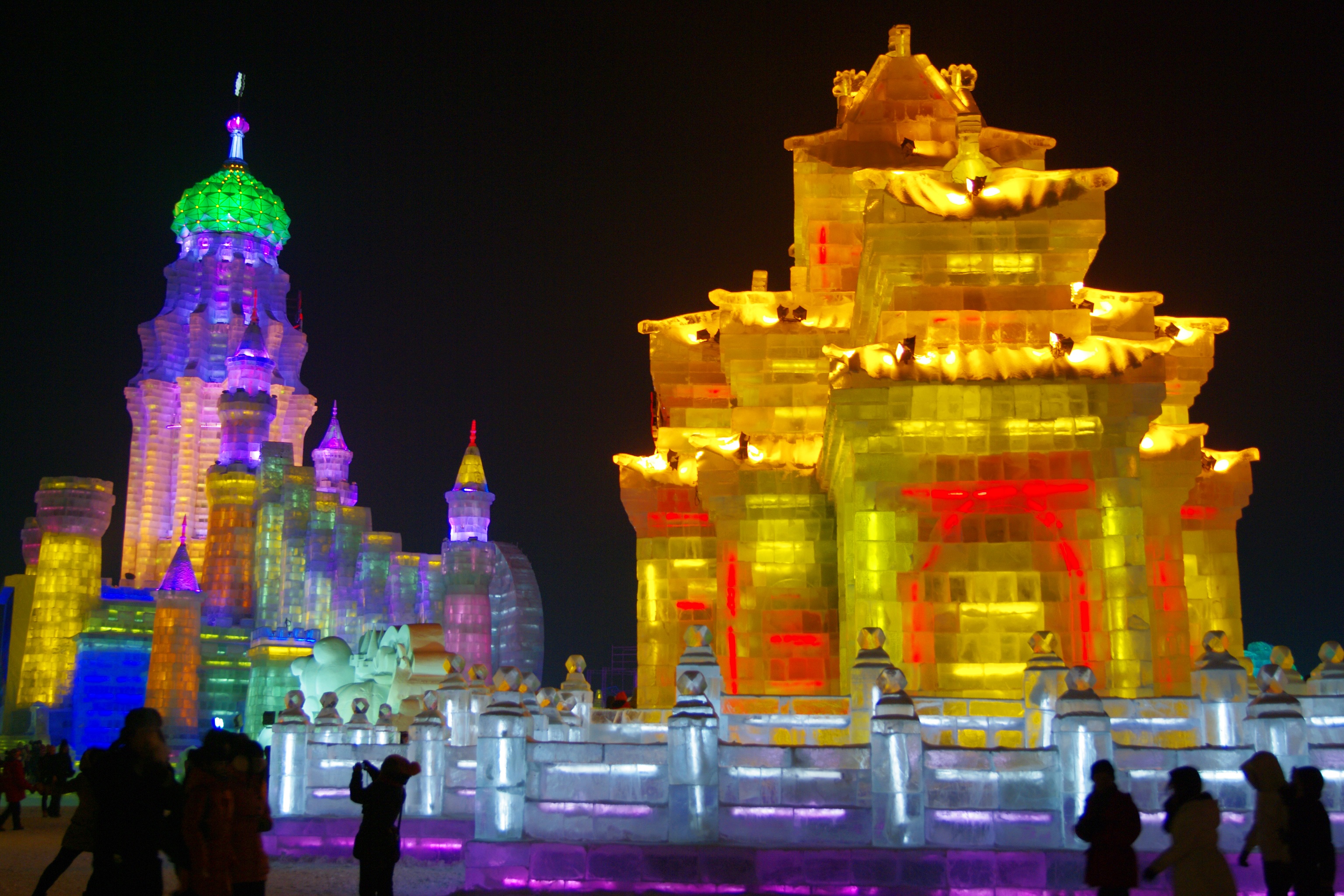 Night illumination of ice sculptures in the form of temples free image ...