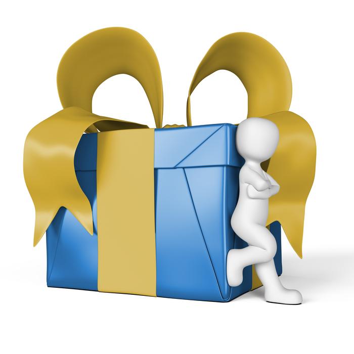 Abstract male figurine leaning on gift box, 3d render free image download