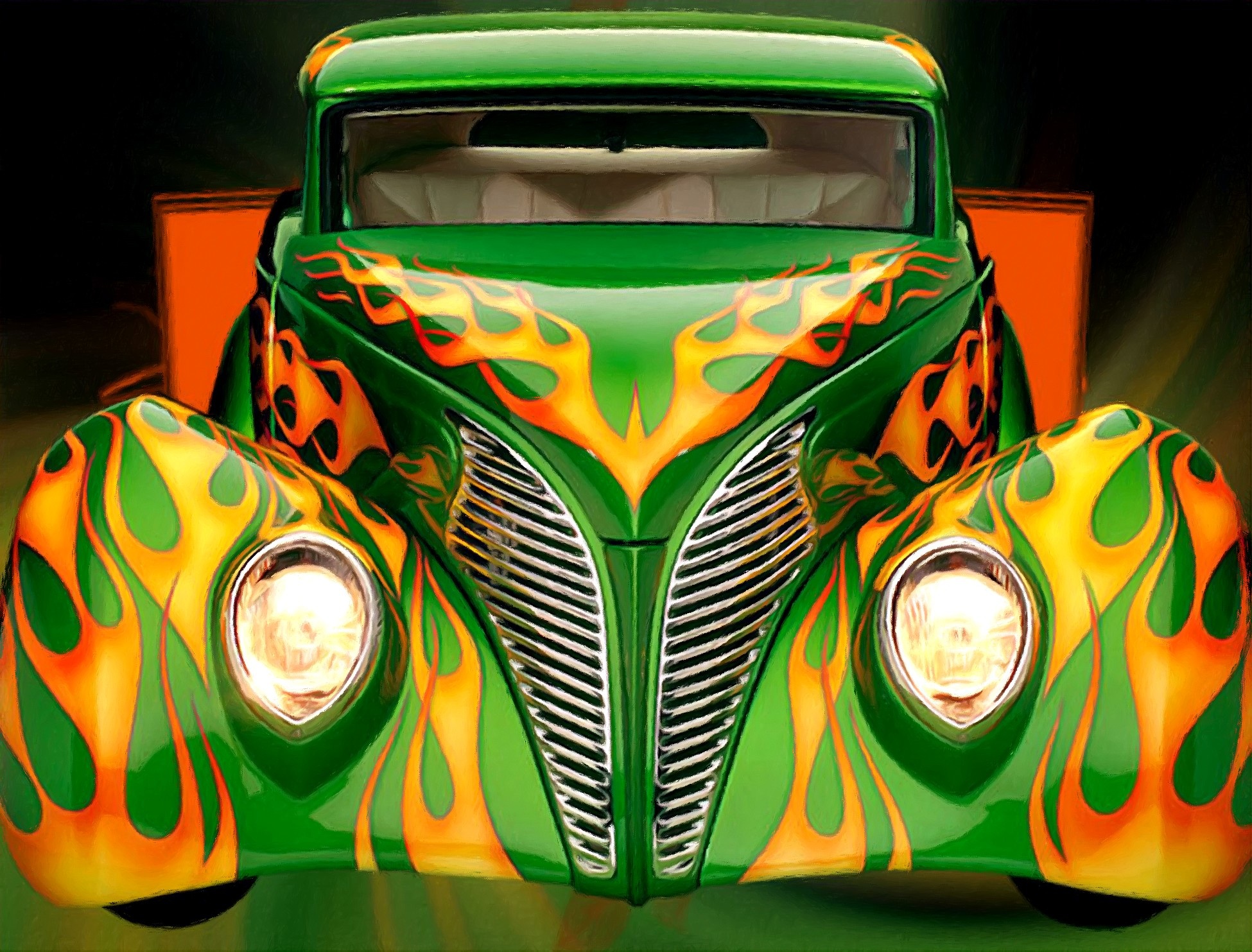Green car in flaming tongues free image download