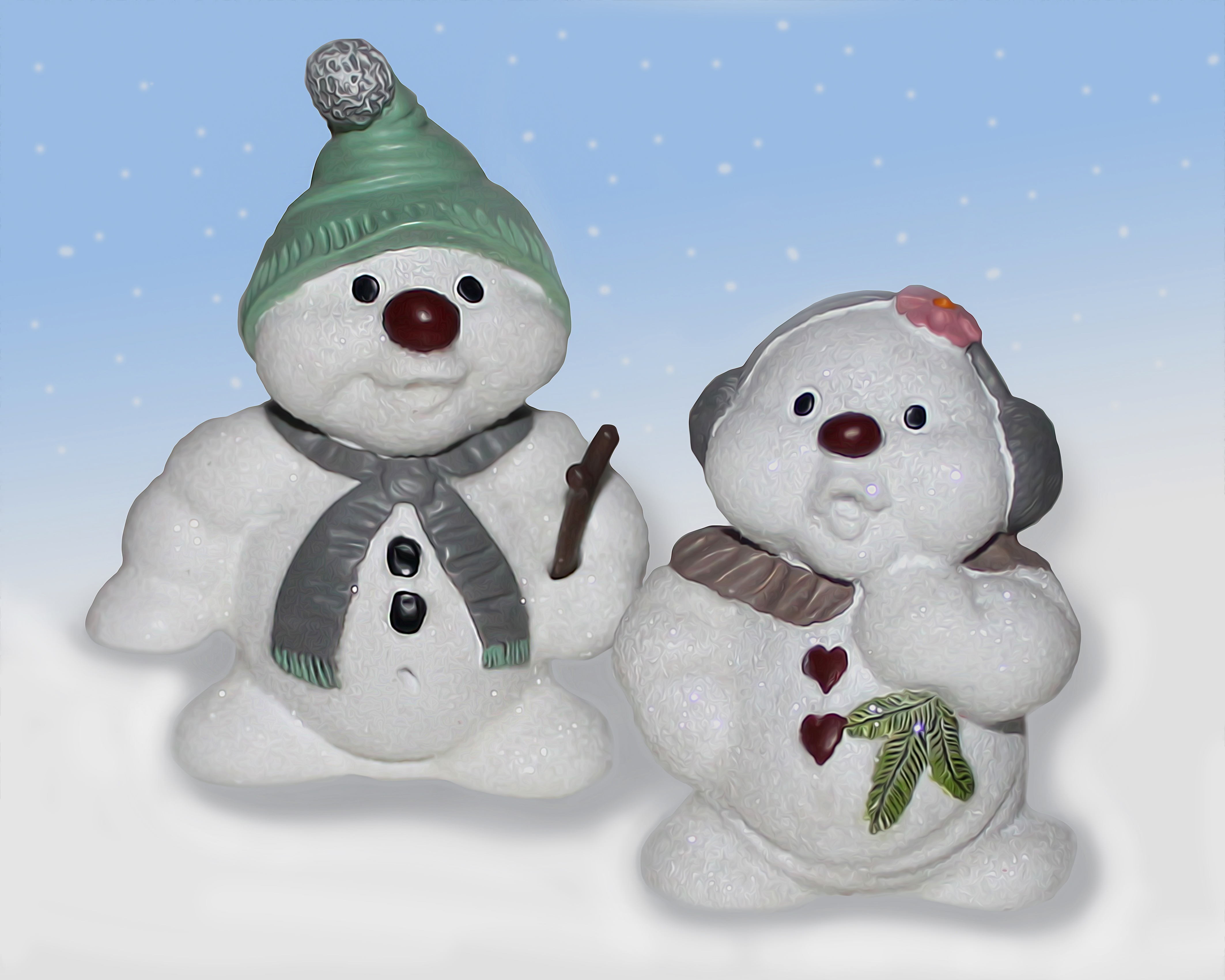 Male and female Snowmen, two vintage figurines free image download